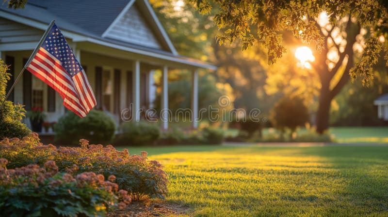 Peaceful Suburban Morning with American Flag in Sunlight Stock Photo ...