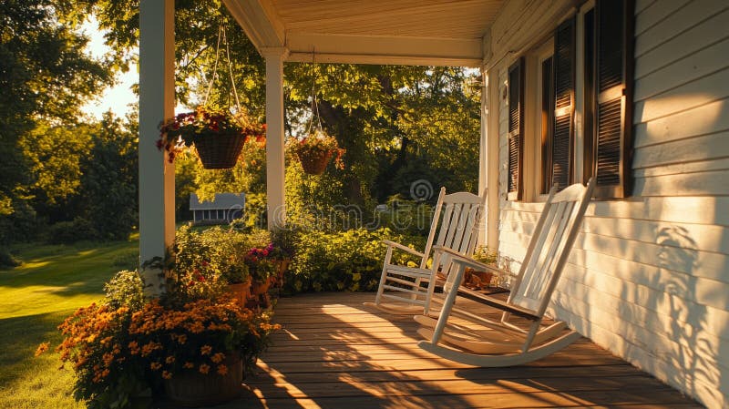 Peaceful Summer Porch Scene with Rocking Chairs Stock Illustration ...