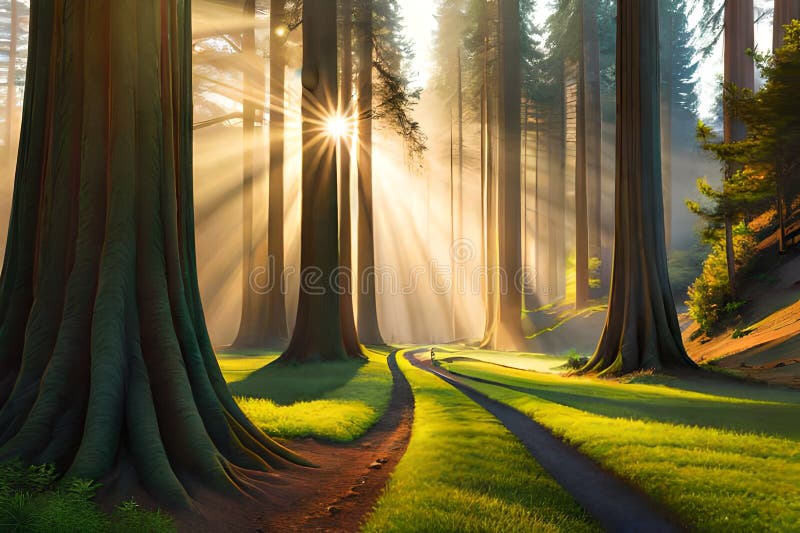 A Peaceful and Sun-dappled Grove of Towering Sequoia Trees Stock ...