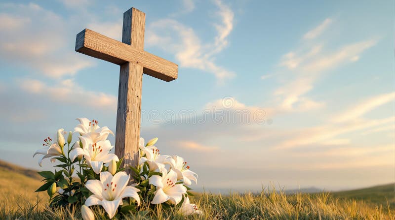 Peaceful Sunrise Cross with White Lilies in Blooming Field Stock Image ...