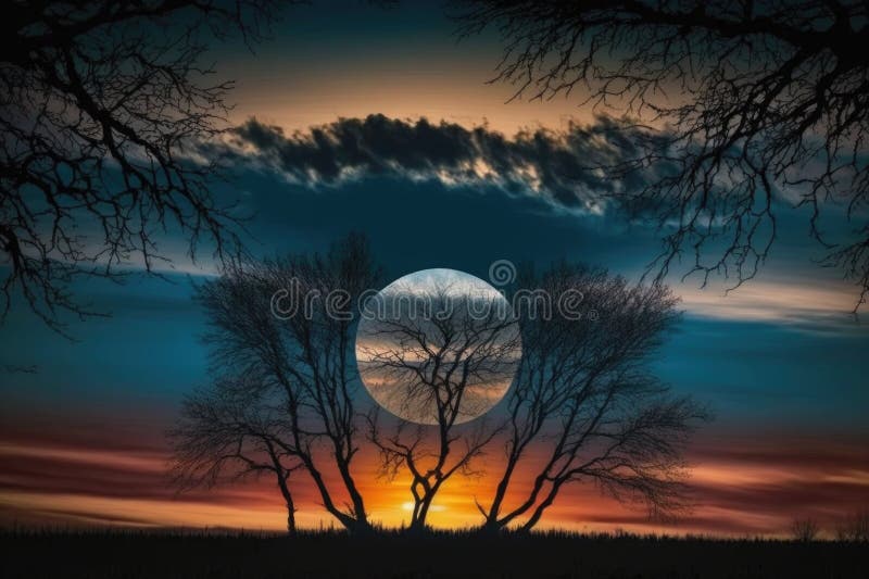 Peaceful Sunrise with Full Moon in the Background, Silhouetting Trees ...