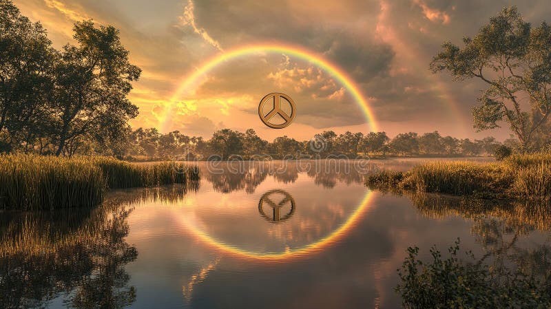 Peaceful Sunrise Over Calm Lake with Rainbow and Peace Symbol ...
