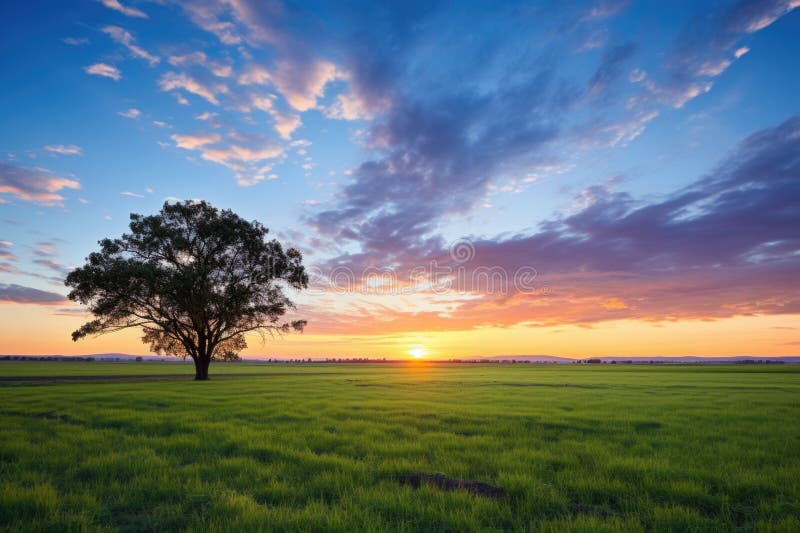 A Peaceful Sunset Landscape Captured Across Vast Country Fields Stock ...
