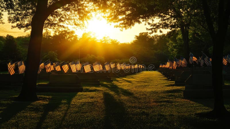 Peaceful Sunset at a Memorial with Flags Stock Illustration ...
