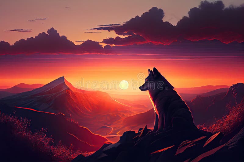 Peaceful Sunset Over Mountain Range, with Wolf Lying on the Summit ...