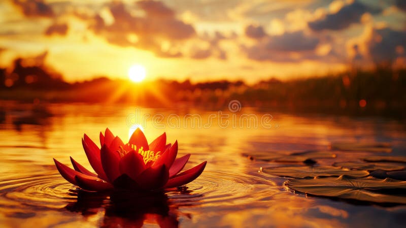 A Peaceful Sunset Over the Ocean Features a White Lotus Flower Mirrored ...