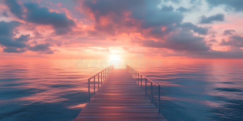 Peaceful Sunset Over Ocean Pier Serene Beach Scene Stock Illustration ...
