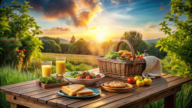 Peaceful Sunset Picnic with Fresh Produce and Refreshing Drinks on ...