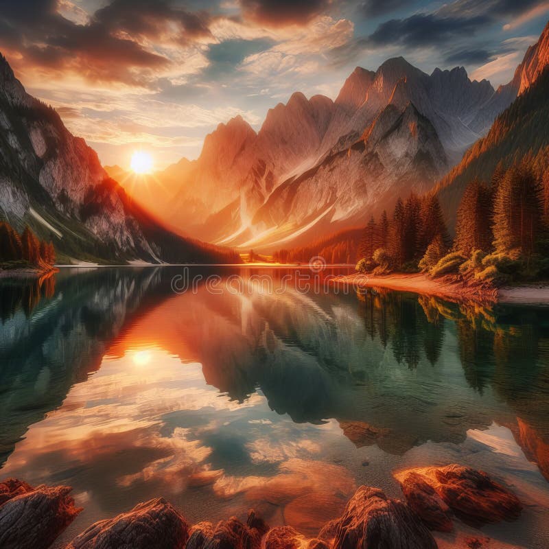 Peaceful Sunset Reflection in Alpine Lake the Setting Sun Refle Stock ...