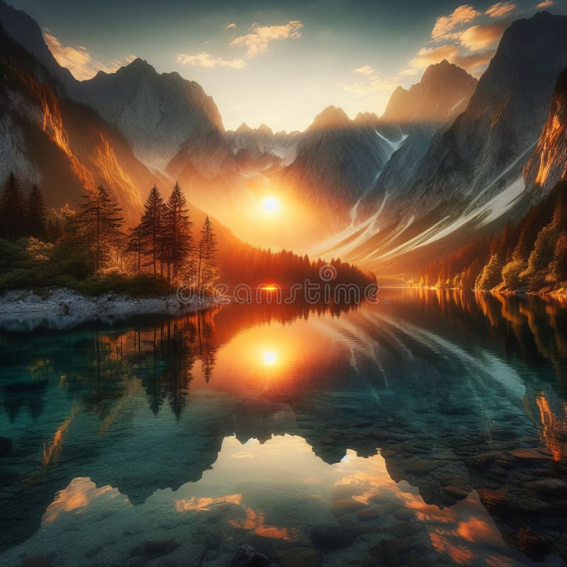 Peaceful Sunset Reflection in Alpine Lake the Setting Sun Refle Stock ...