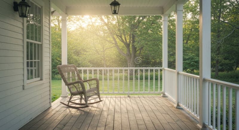 Peaceful Sunset on a Rustic Porch with Rocking Chair Stock Illustration ...