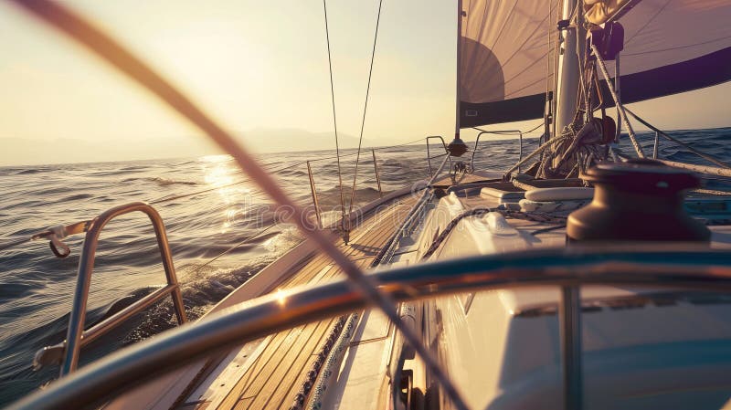 Peaceful Sunset Sailboat Journey on Open Sea Captured from Deck ...