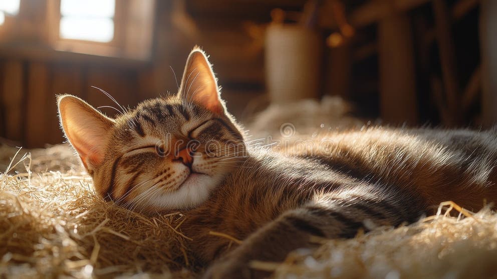 Peaceful Tabby Cat Sleeping on Soft Hay in Sunlit Barn Stock ...
