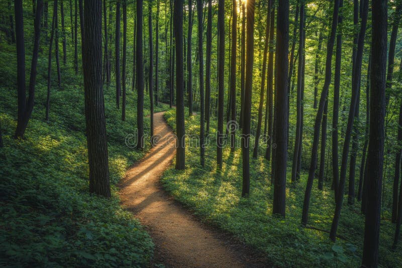 A Peaceful Trail Meanders through a Dense Forest of Tall Trees, Bathed ...