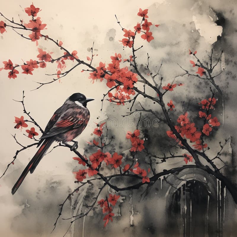 Peaceful Tree Sumi-e Ink Painting Stock Illustration - Illustration of ...