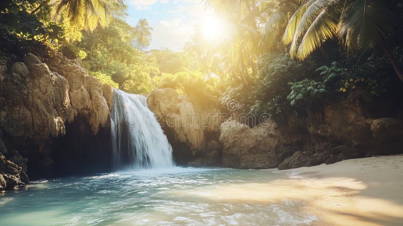 Peaceful Tropical Waterfall Flowing into Sandy Cove with Palm Trees ...
