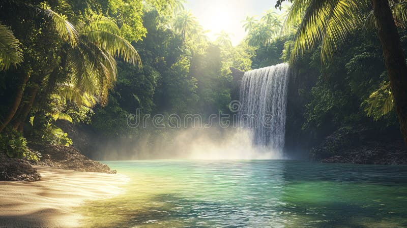 Peaceful Tropical Waterfall Flowing into Sandy Cove Surrounded by Palm ...