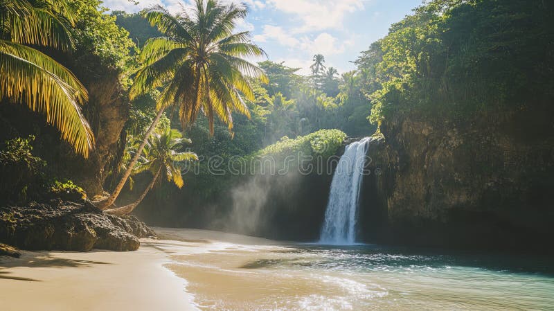 Peaceful Tropical Waterfall Flowing into Sandy Cove Surrounded by Palm ...