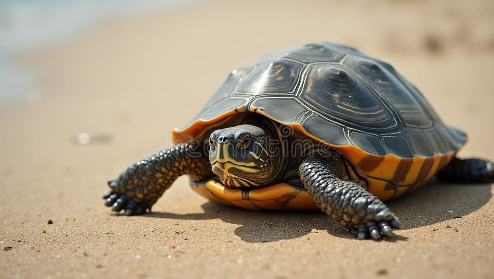 Peaceful Turtle Seeking Protection on Sandy Beach Stock Illustration ...