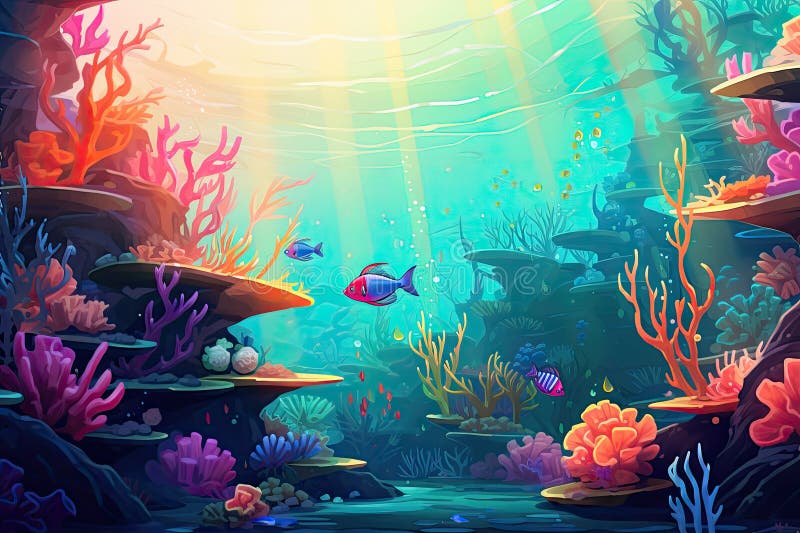 Peaceful Underwater Scene with Smiling Fish and Bubbly Corals Stock ...