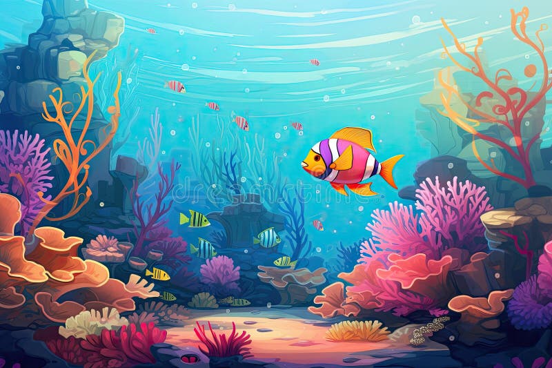 Peaceful Underwater Scene with Smiling Fish and Bubbly Corals Stock ...