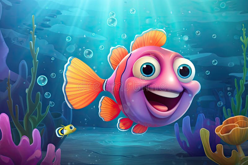 Peaceful Underwater Scene with Smiling Fish and Bubbly Corals Stock ...