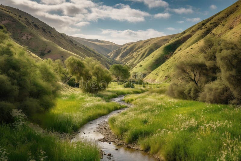 Peaceful Valley with Rolling Hills and Babbling Stream Stock ...