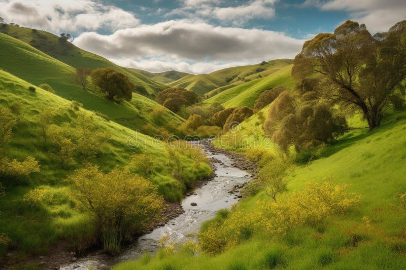 Peaceful Valley with Rolling Hills and Babbling Stream Stock ...