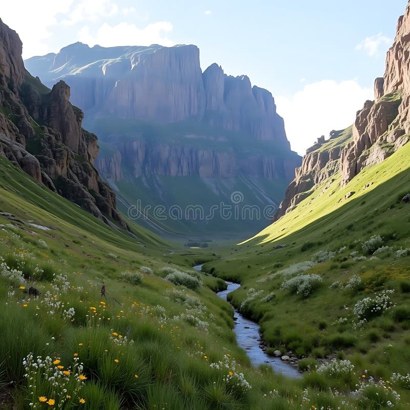 A Peaceful Valley Surrounded by Cliffs, with Wildflowers and a Small ...