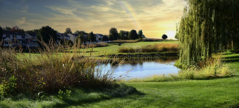 Peaceful View of a Golf Course during Sunset Stock Photo - Image of ...