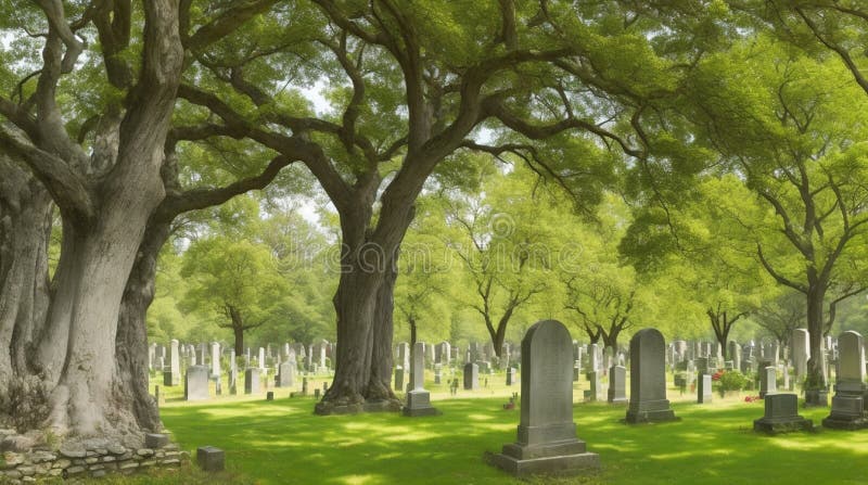 A Peaceful Village Cemetery Shaded by Ancient Trees Stock Illustration ...