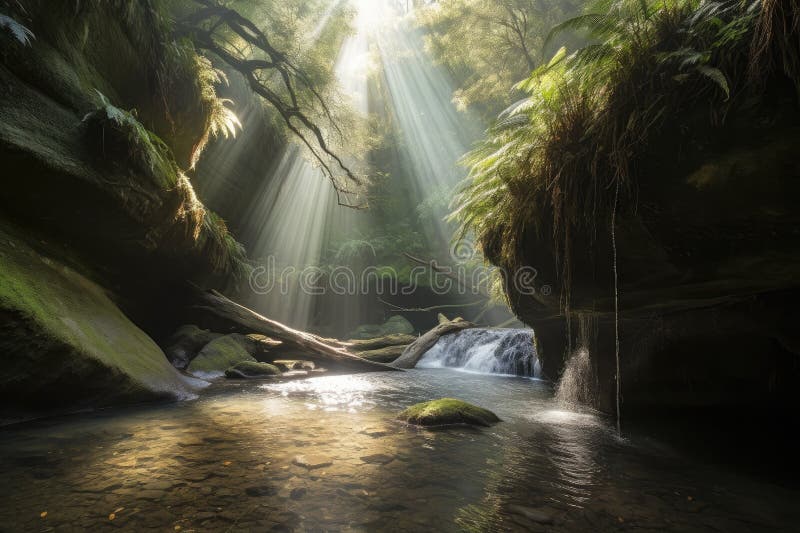 Peaceful Waterfall, with the Sun Shining through the Mist, Creating a ...