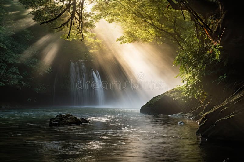 Peaceful Waterfall, with the Sun Shining through the Mist, Creating a ...