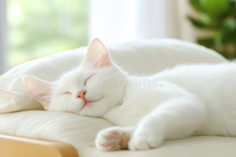 Peaceful White Cat Sleeping on Soft Bed in Sunlit Room Stock Photo ...