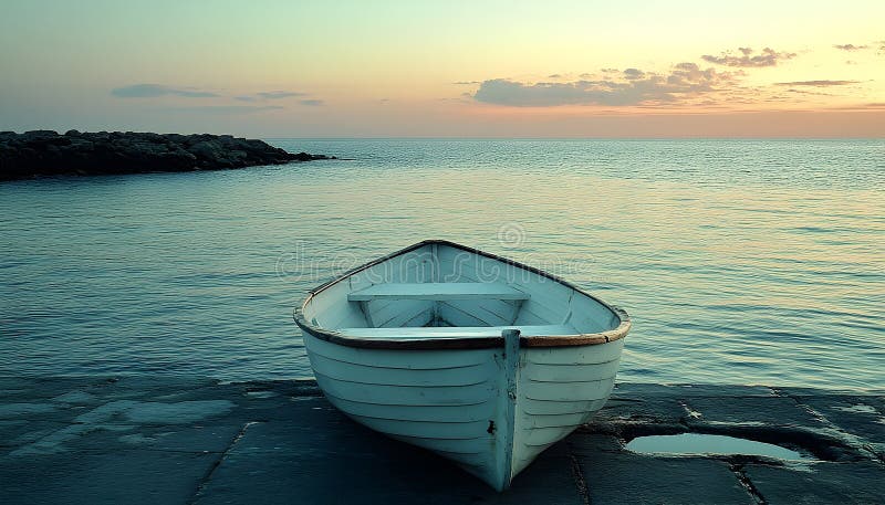 Peaceful White Rowboat at Dawn Harbor Stock Illustration - Illustration ...