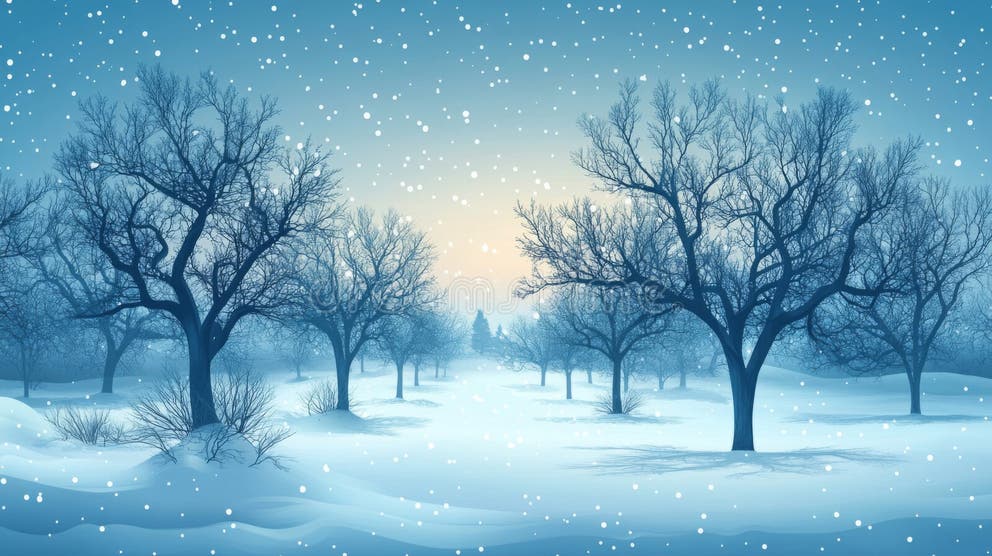 Peaceful Winter Orchard Landscape with Falling Snow Stock Illustration ...