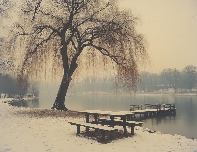 Serene Winter Landscape with Willow Tree by a Tranquil Lake Stock Photo ...