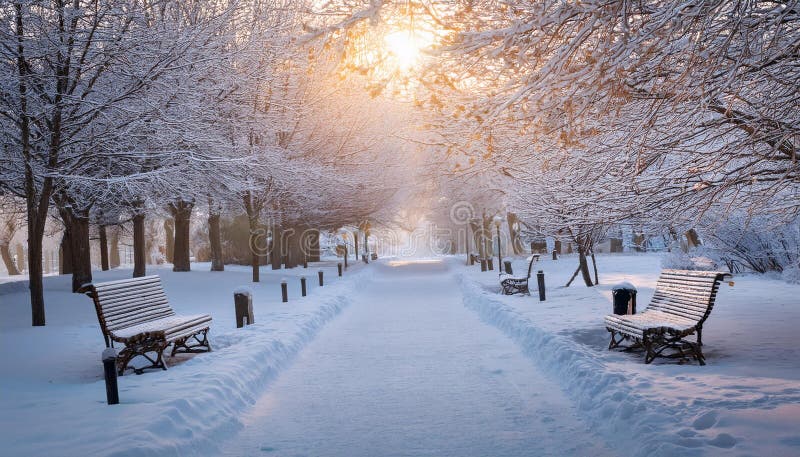 A Peaceful Winter Scene Featuring a Snow Covered Pathway Stock ...