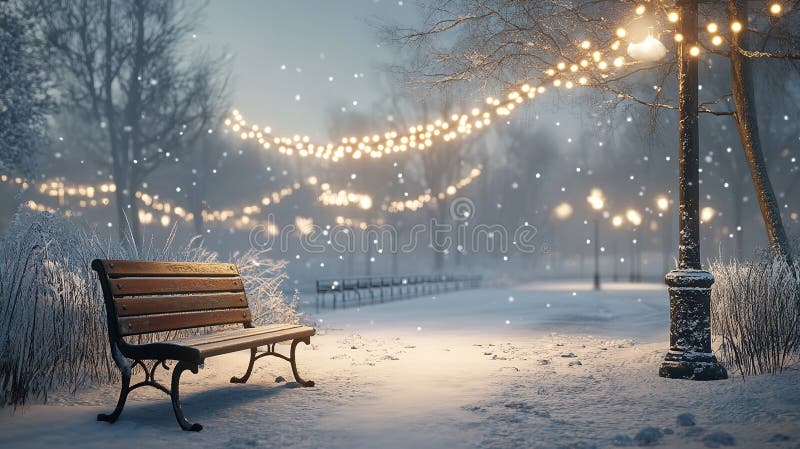 Snow-Covered Park Bench and Trees in a Peaceful Winter Scene Stock ...
