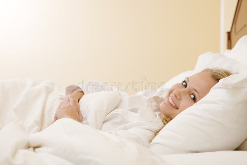Peaceful Woman Lying in Bed Resting at Home Stock Image - Image of ...
