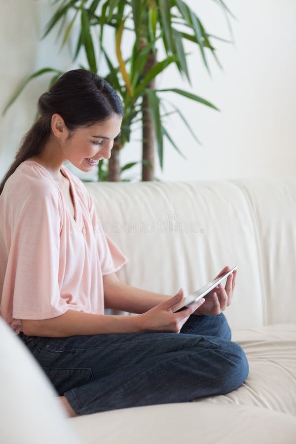 Woman Using Tablet Pc at Home Stock Photo - Image of device, person ...