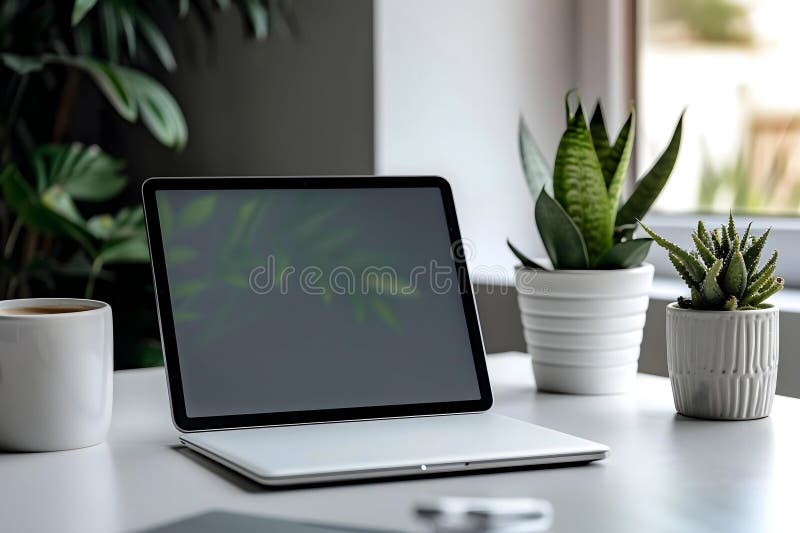 Peaceful Workspace: Laptop, Plants, and Coffee Stock Illustration ...