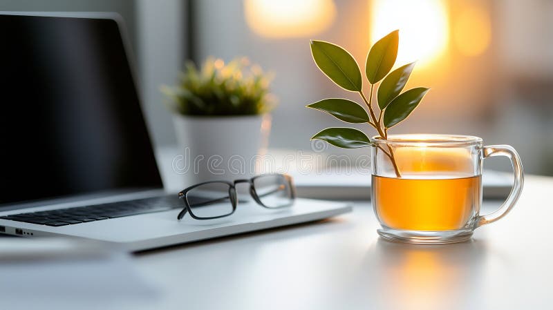 A Peaceful Workspace with a Laptop and Tea beside Sunlit Greenery in a ...
