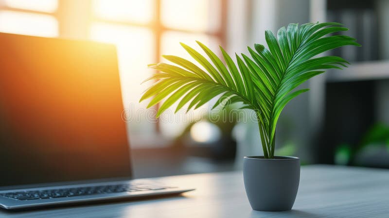 Peaceful Workspace Sunlit Desk with Plant at Window, Ideal for Work and ...