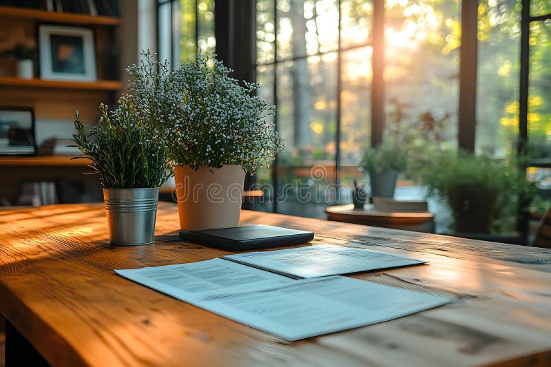 Peaceful Workspace with Sunlit Plants and Documents for Productive ...