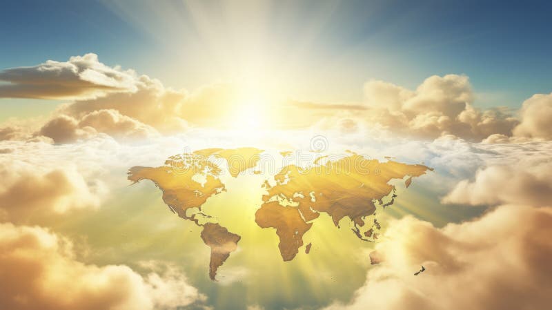 Peaceful World Map with Tranquil Clouds and Sunbeams Stock Illustration ...