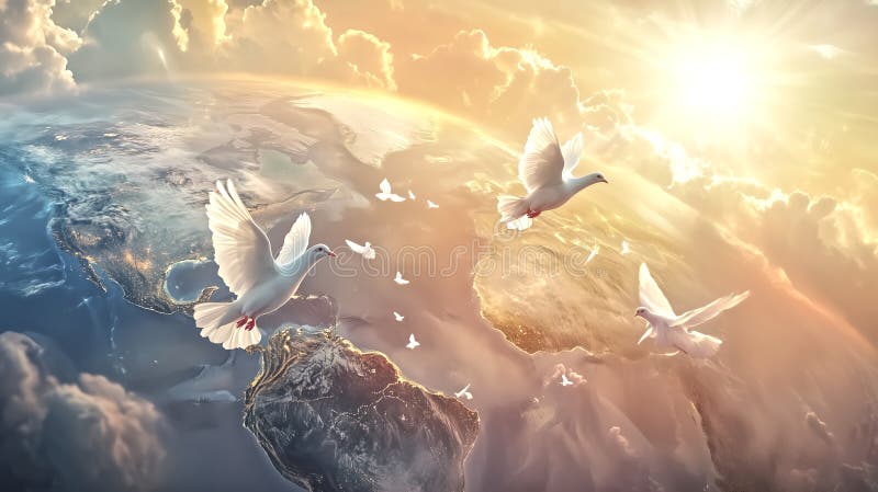 A Peaceful World with White Doves Flying Over a Global Map, Symb Stock ...