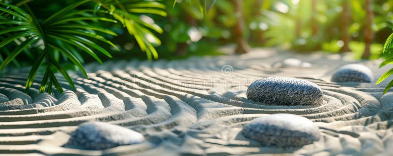 Peaceful Zen Garden Background with Smooth Stones, Raked Sand Patterns ...
