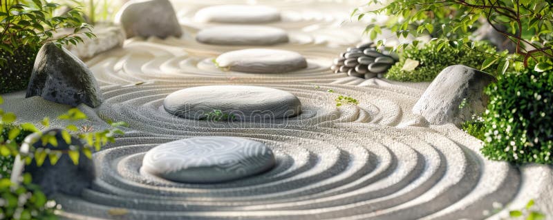 Peaceful Zen Garden Background with Smooth Stones, Raked Sand Patterns ...