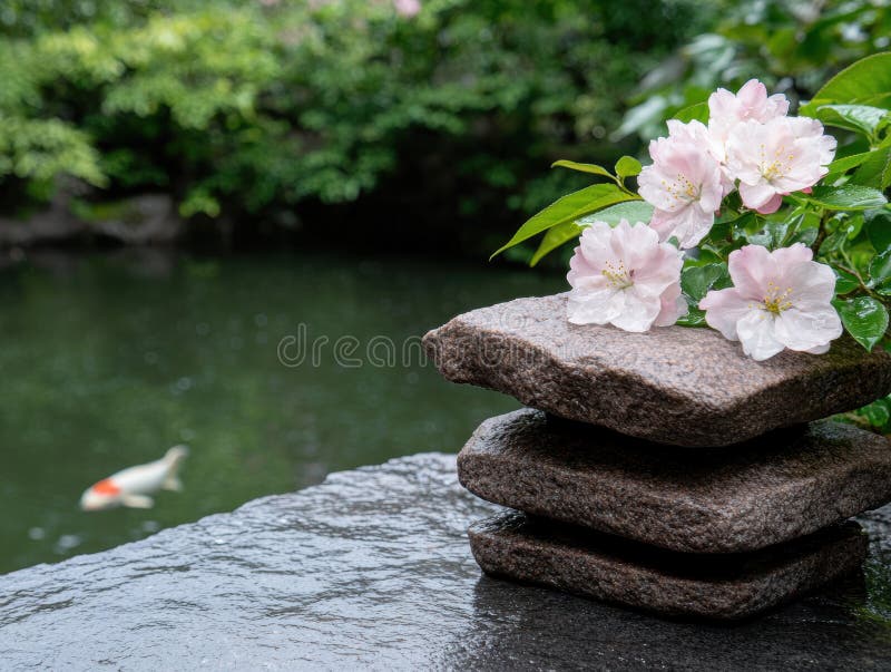 Peaceful Zen Garden with Pink Flowers and Koi Fish Stock Illustration ...